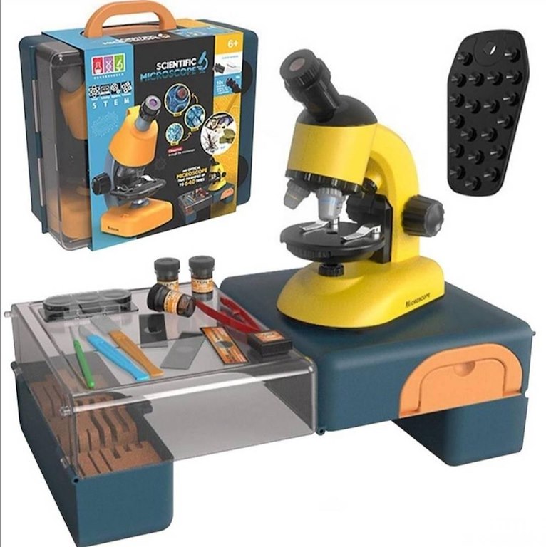 Dečiji mikroskop + sto-kofer sa sočivima u boji žuti