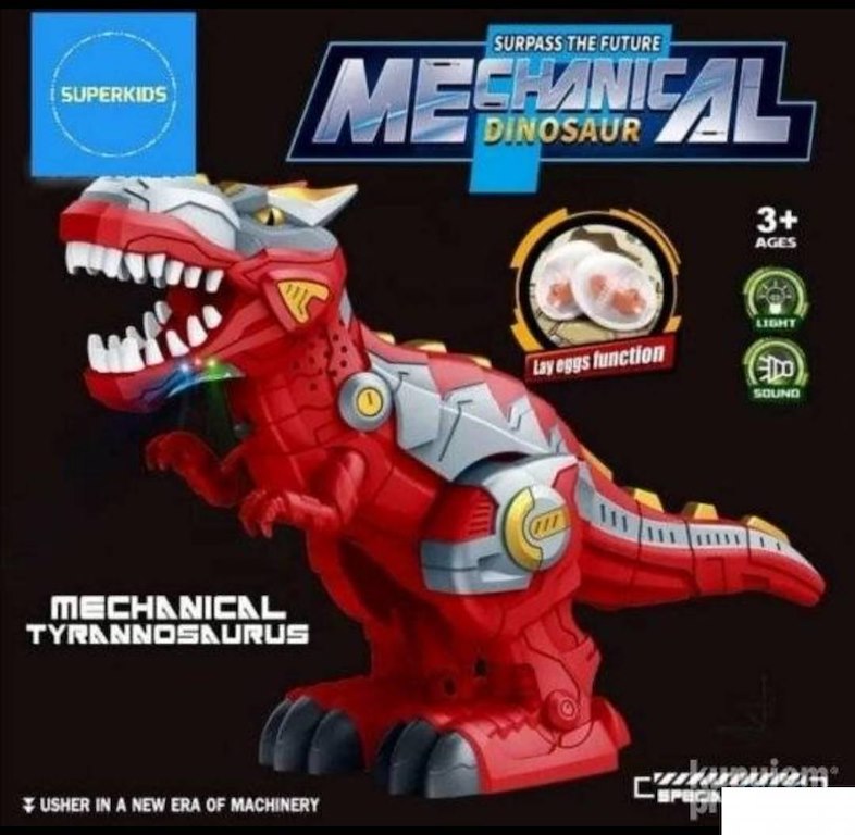 Robot crveni muzicki dinosaur koji lezi jaja