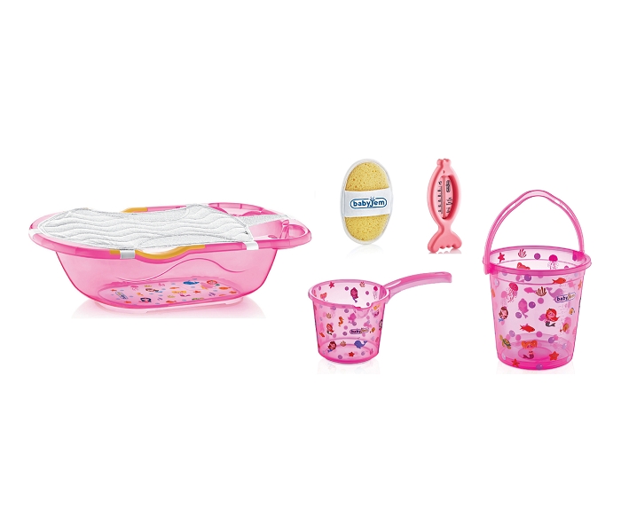 BABYJEM SET ZA KUPANJE 6 DELOVA PINK (kadica, podloga,termometar, sundjer, bokal, kofica)