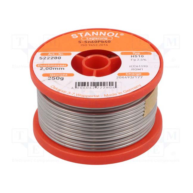 Stannol Žica za lemljenje Tinol punjena 2mm 250gr Sn60/Pb40, sn60pb402250