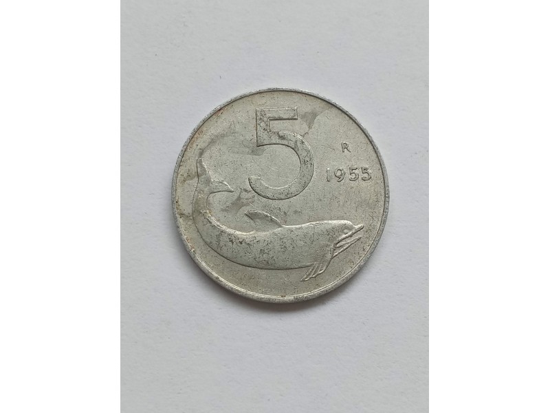 5 Lira 1955.g - Italija - Životinja Delfin -