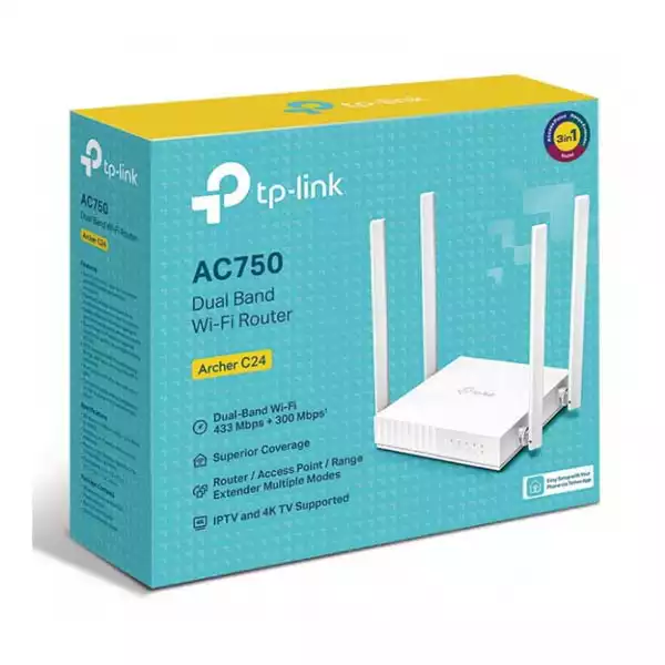 Wireless Router TP-Link Archer C24 AC750 433Mb/s/ext x 4/2.4-5Ghz/1WAN/4LAN