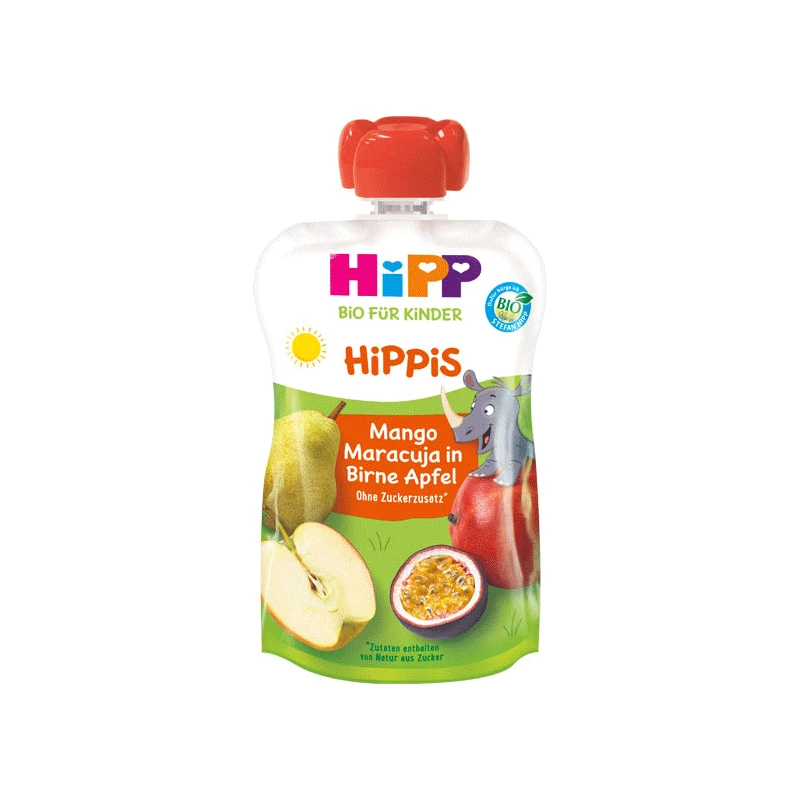 Hipp voćni pire Kruška i jabuka sa mangom i marakuja, 100gHipp voćni pire Kruška i jabuka sa mangom i marakuja, 100g