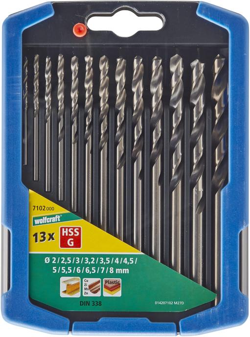 Wolfcraft 7102000 Spiralnih burgija HSS G brušene 13 kom. 2,0-8,0 mm