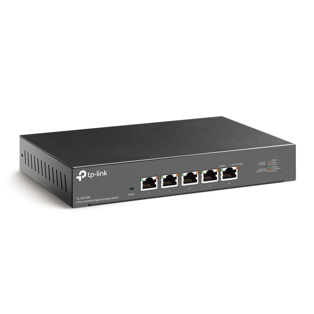 TP-Link TL-SX105 5-port 10-Gigabit desktop svič, podržava 5 brzina (100Mbps/1G/2.5G/5G/10G auto-sense), 160Gbps capacity, 802.3x flow control, 802.1p/DSCP QoS, fanless