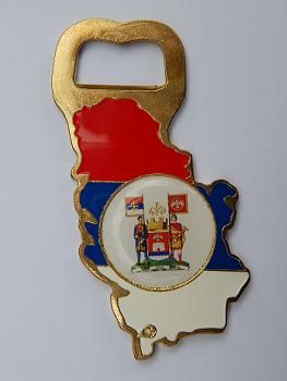 Suvenir OTVARAČ, metalni, silueta, stiker, Srbija - zastava, Niš - grb