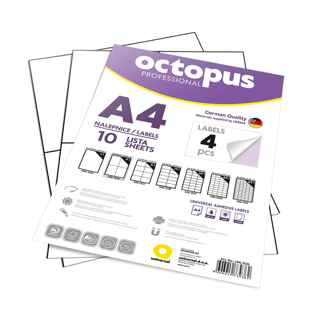 OCTOPUS Nalepnice A4 105X148.5 10/1 4-1 UNL-1536