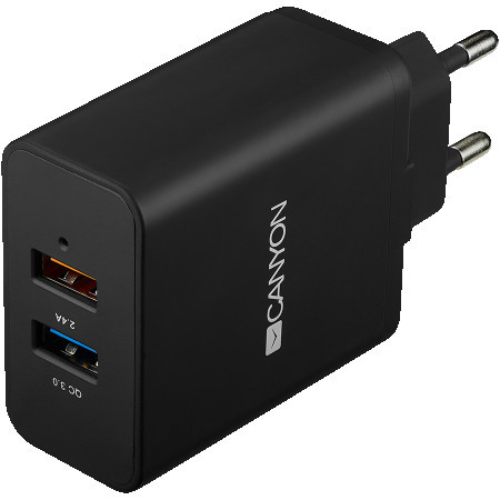 Canyon H-07 universal 2xUSB AC charger (in wall) with over-voltage protection(1 USB with Quick Charger QC3.0), Input 100V-240V, Output USB5