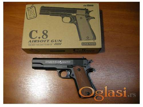 Pistolj za airsoft C8 metalni Colt 1911
Airsoft pistolj c8
Replika colta 1911
Kombinacija metala i plastike
Kuglice plasticne, radi na oprugu , nije gas