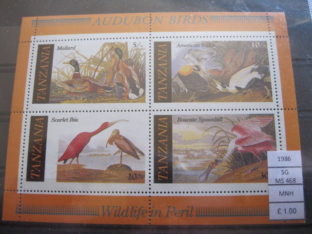 Blok, MNH, Audubon  birds, Tanzania, 1986.