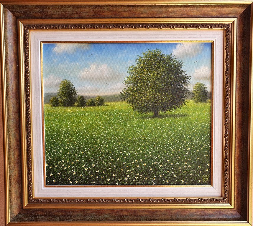 Cvetno polje, Miljan Vasiljević, ulje na platnu, sa 44×49 cm, bez rama 25 X 30 cm, sertifikat, 250 eura