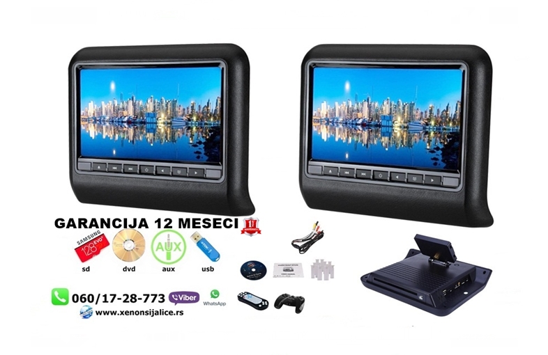 MONITORI U NASLONU ZA GLAVU 9 INCA SET 2 KOMADA DVD ZA DECU CRNI