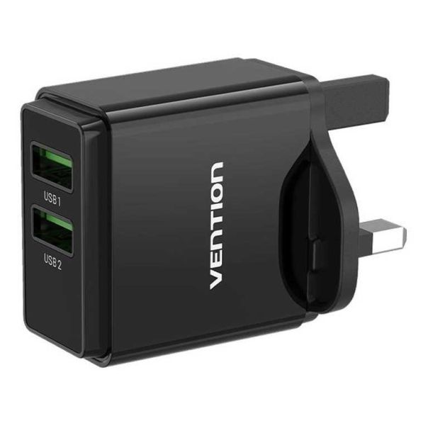 VENTION Punjač sa 2 ulaza USB A 18/18W - Crni (US prikljucak)