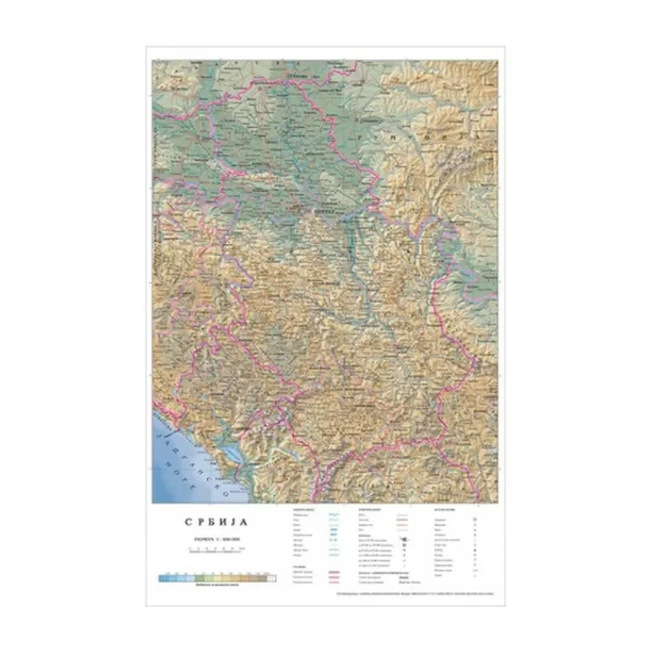 Kort, fizičko geografska karta, u listu, Srbija