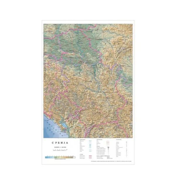 Kort, fizičko geografska karta, u listu, Srbija