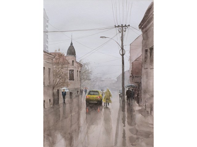 Kišni dan u ulici NS - akvarel