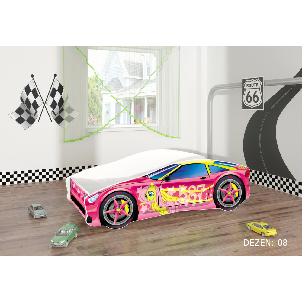 ACMA CAR V deciji krevet 180×80 + GRATIS DUSEK (pink-žuti) Dezen 08