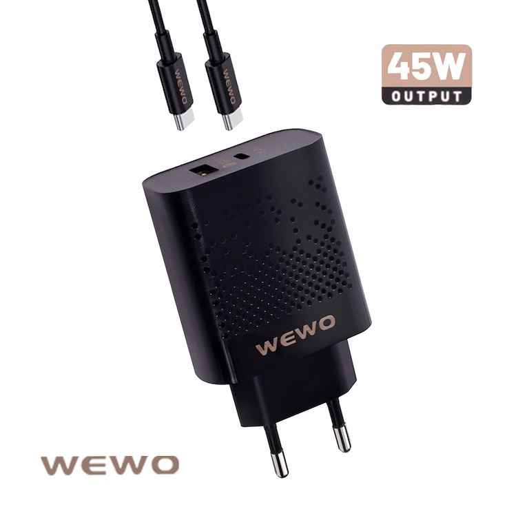 WEWO PD+USB Punjač QC 45W/3A + Type-C to Type-C data cable (crni)