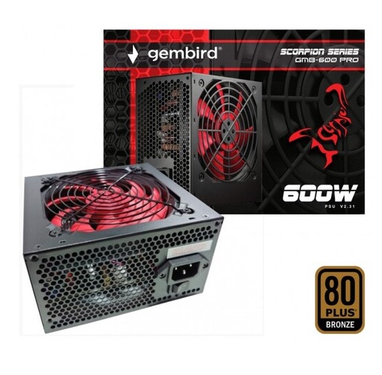 Gembird GMB-600-PRO napajanje 600W 80+ BRONZE, PFC, 12cm FAN, 20+4pin, 2x4pin, 2x 6+2pin, 5xSATA,2xIDE