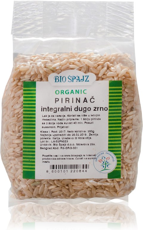 Pirinač integralni dugo zrno (organski proizvod) 200 g Bio Špajz