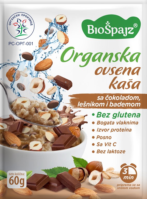 Ovsena kaša sa čokoladom, lešnikom i bademom (organski proizvod) 60 g Bio Špajz