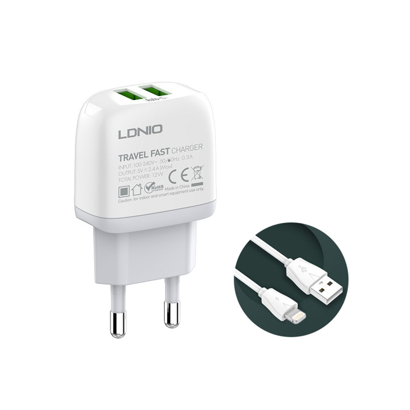 Kucni punjac LDNIO A2219 2xUSB 5V 2.4A 12W sa iPhone lightning kablom beli