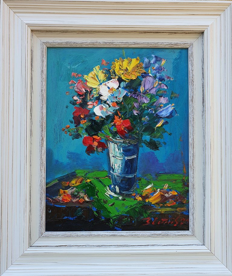 Cveće 4, Đorđe Stanić, ulje na lesonitu, sa 45×38 cm, bez 32×25 cm, sertifikat, 130 eura