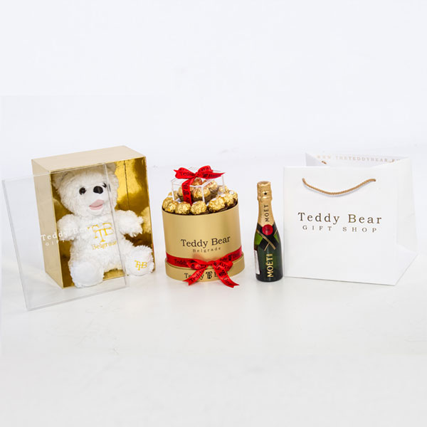 Teddy Bear ® White ™ 30cm+ Ferrero Box + Moet Mini