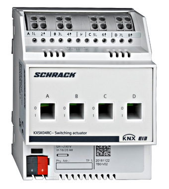 KNX Izlazni rele 4 x 16A 230VAC
Info: Can be parameterized from ETS version 5.0 or higher