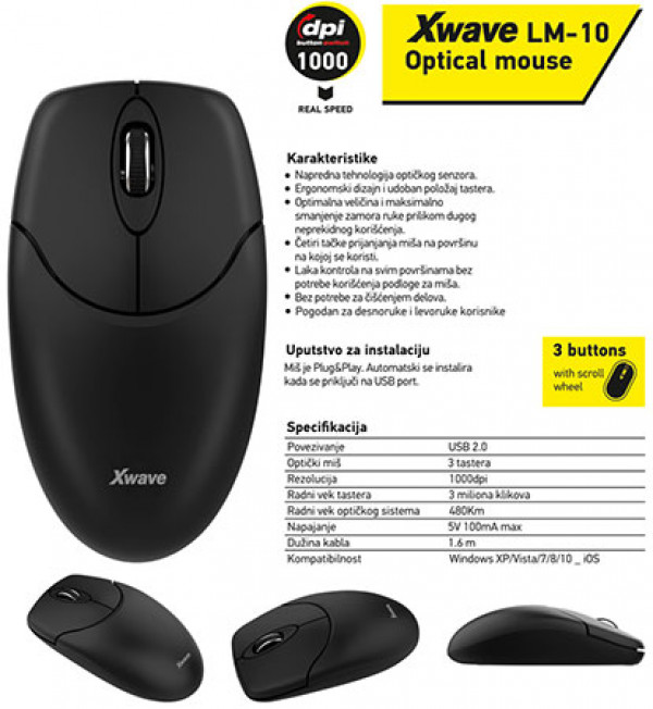 Opticki mis, USB, do 1000dpi, crno-sivi