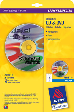 nalepnice za CD/DVD, providna boje, dimenzije precnik 117, 20 kom. 10 listova