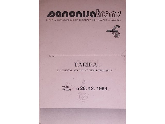 Tarifa `PANONIJA TRANS` Novi Sad Jugoslavija