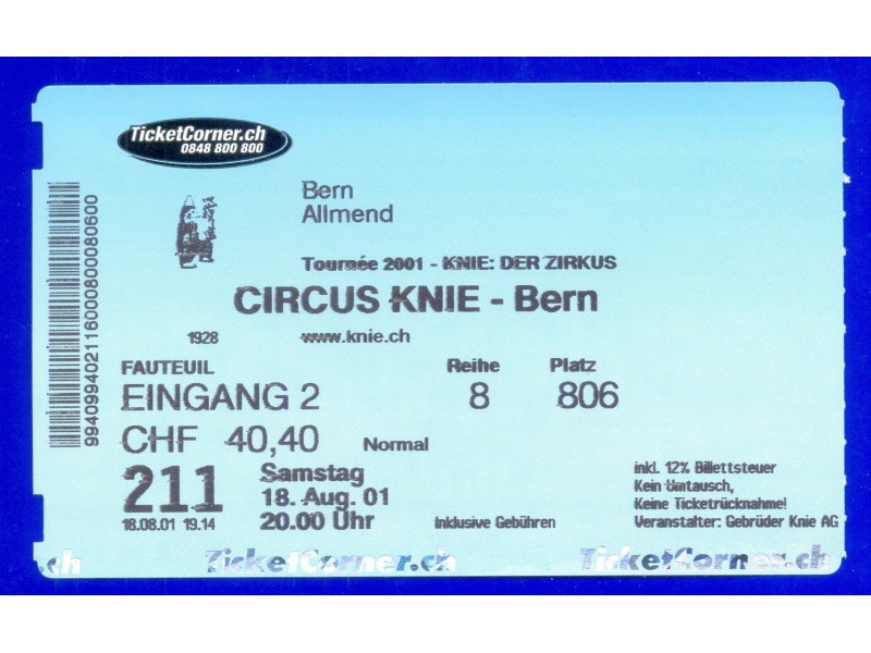 Švajcarska Ulaznica Za Cirkus CIRCUS KNIE- Bern 2001.