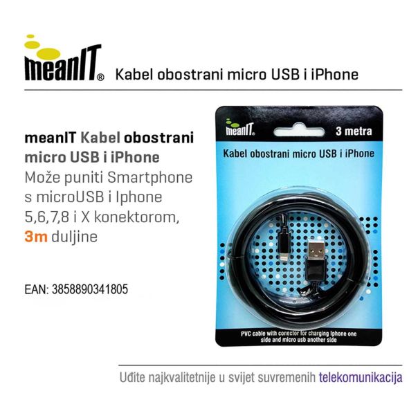 MEANIT USB kabl sa micro USB i iPhone priključkom, 3m - MICROUSB / iPHONE