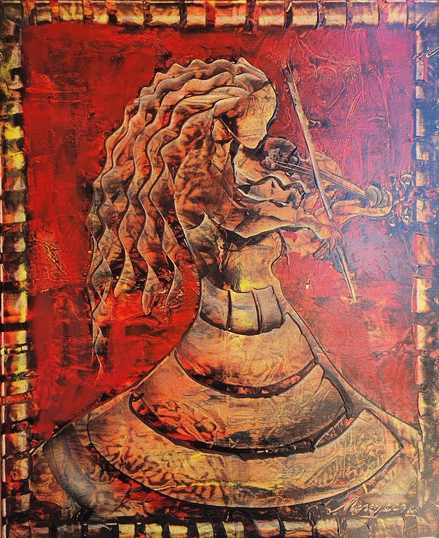 Muzičarka, Monegorijas, ulje na platnu kombinovana tehnika, 80×65 cm, sertifikat, 41300 dinara