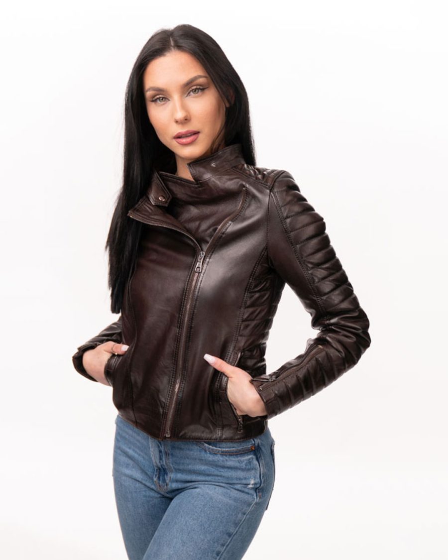 Ženska kožna jakna – Tina – Tamno braon melirana