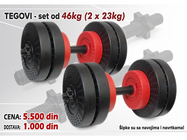 TEGOVI - tegovi set od 46kg / tegovi i šipke 2x23kg