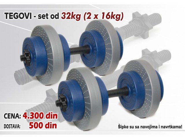 Tegovi - tegovi set od 32kg / tegovi i šipke 2x16kg