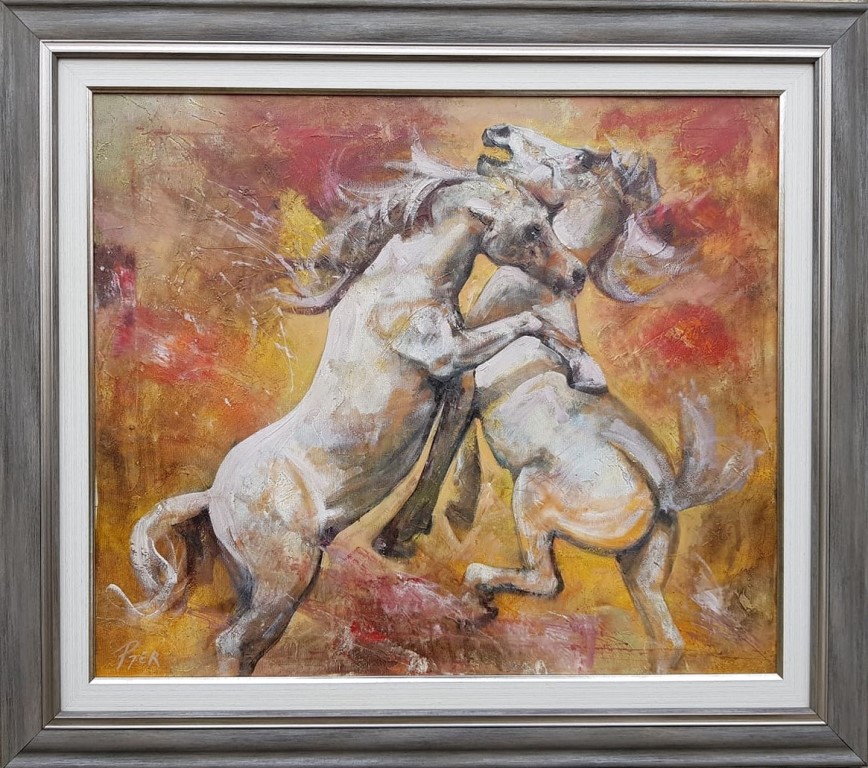 Konji, ulje na platnu, sa 78×88 cm, bez 60×70 cm, akademski slikar Nebojsa Petrovic Petra, sertifikat, 360 eura