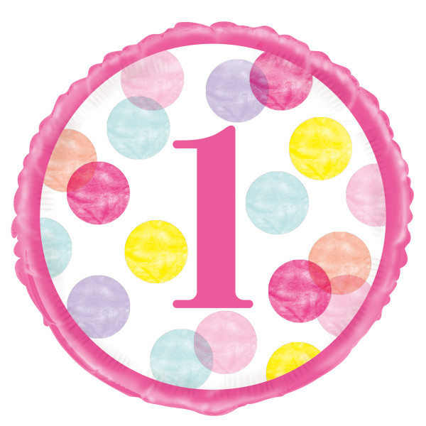 73297U
18″ Foil 1St Birthday Pink Dots