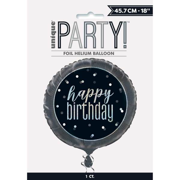 83340U
18″ Foil Happy Birthday Black & Silver Glitz