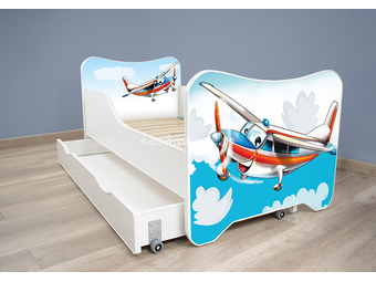 Dečiji krevet sa podnicom, dušekom i fiokom 168x80 cm Happy Kitty Plane