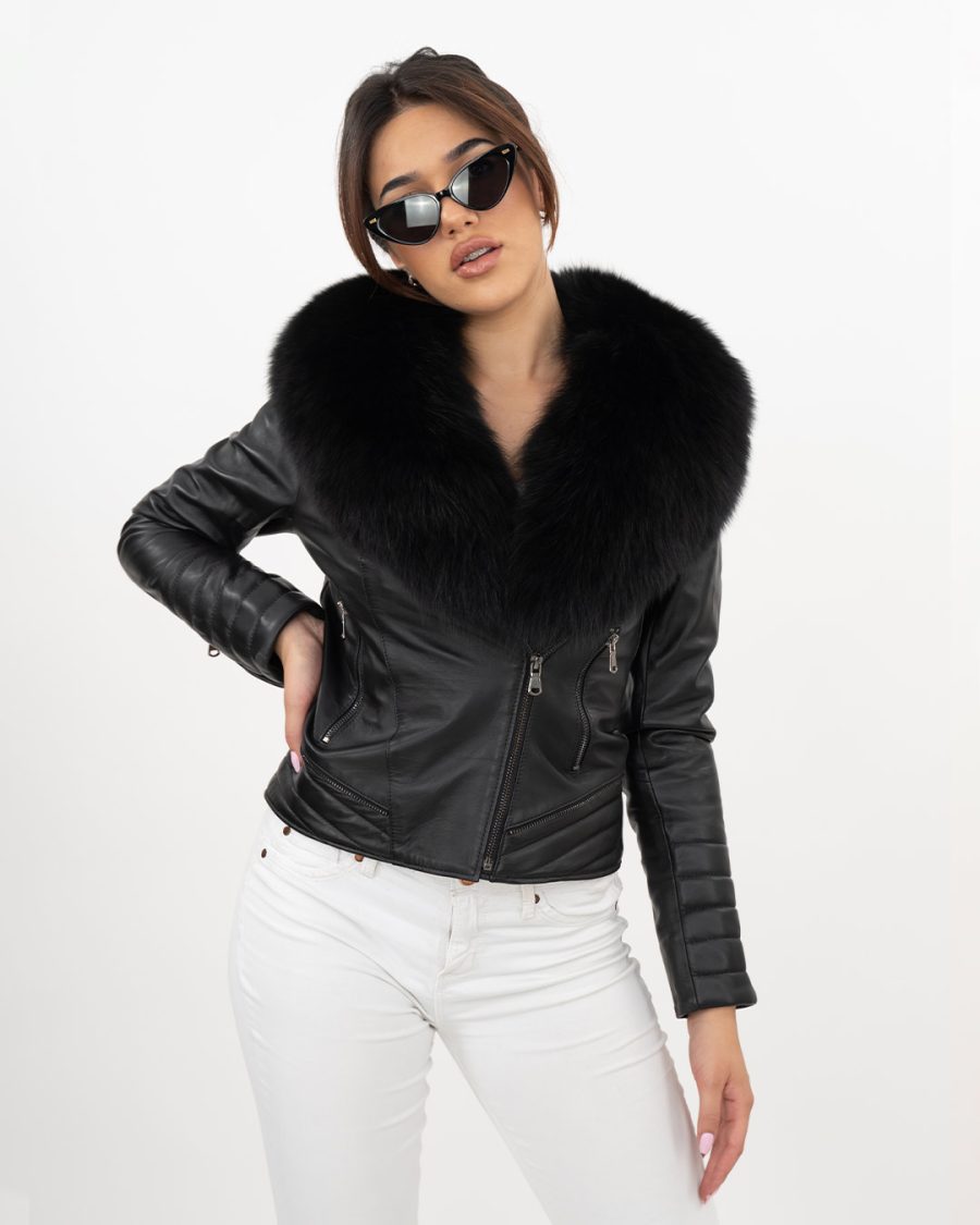 Ženska kožna jakna sa krznom – Kim – Crna, crno krzno