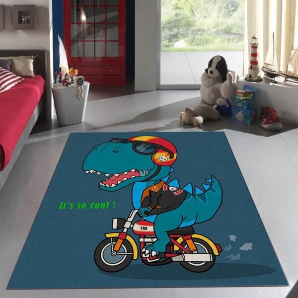 Tepih za decu na Kožnoj podlozi 120x180cm – Dino na motoru, plavi TK-053