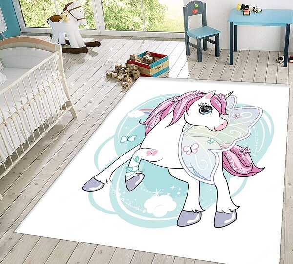 Tepih za decu sa Kožnom podlogom 120x180cm – Unicorn belo-zeleni, TK-011