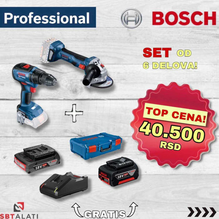 Bosch set alata: brusilica, šrafilica, baterije, punjač i L-boxx kofer (0615990M47)