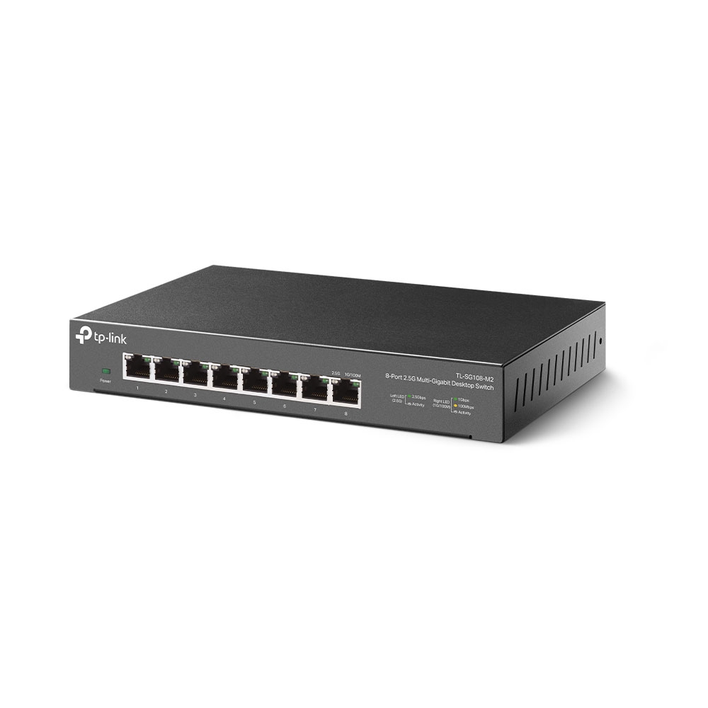 TP-Link TL-SG108-M2 8-port 2.5Gigabit desktop svič, 100Mbps/1Gbps/2.5Gbps, 40Gb/s capacity, 802.3x flow control, 10K jumbo frame, auto-uplink every port, fanless, metalno kućište