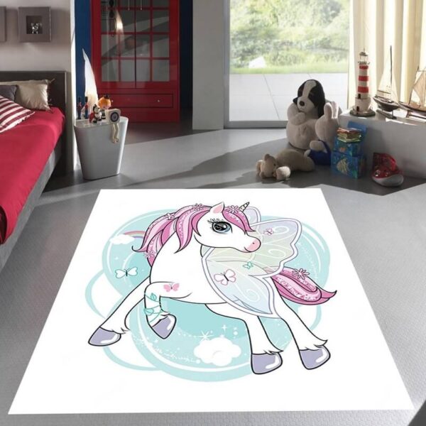 Dečiji tepih sa gumenom podlogom 120x180cm- Unicorn belo-zeleni, TG-066