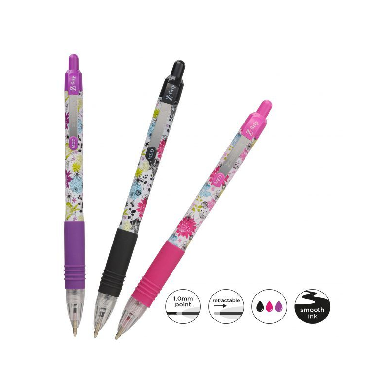 Hemijska olovka Zebra Z-Grip Floral Neon 1,0 3/set (Ink- Black, Pink, Violet) 02500/ 5024475025004