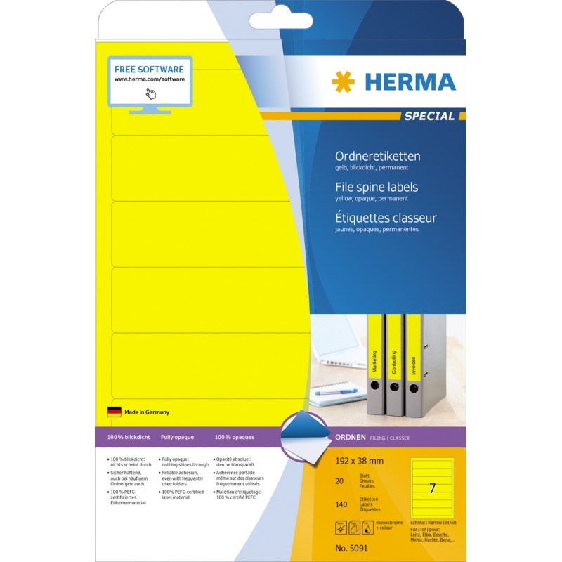 Etikete 192x38, za uski registrator A4/7 1/20 žuta Herma